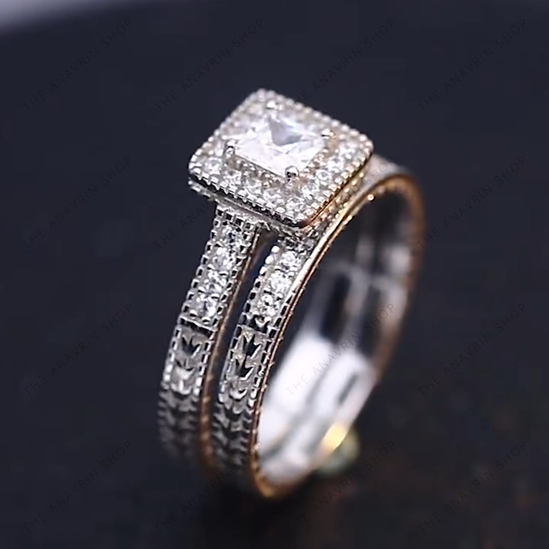 Square Cut Art Deco Ring Set, Princess Cut Moissanite Diamond Bridal ...