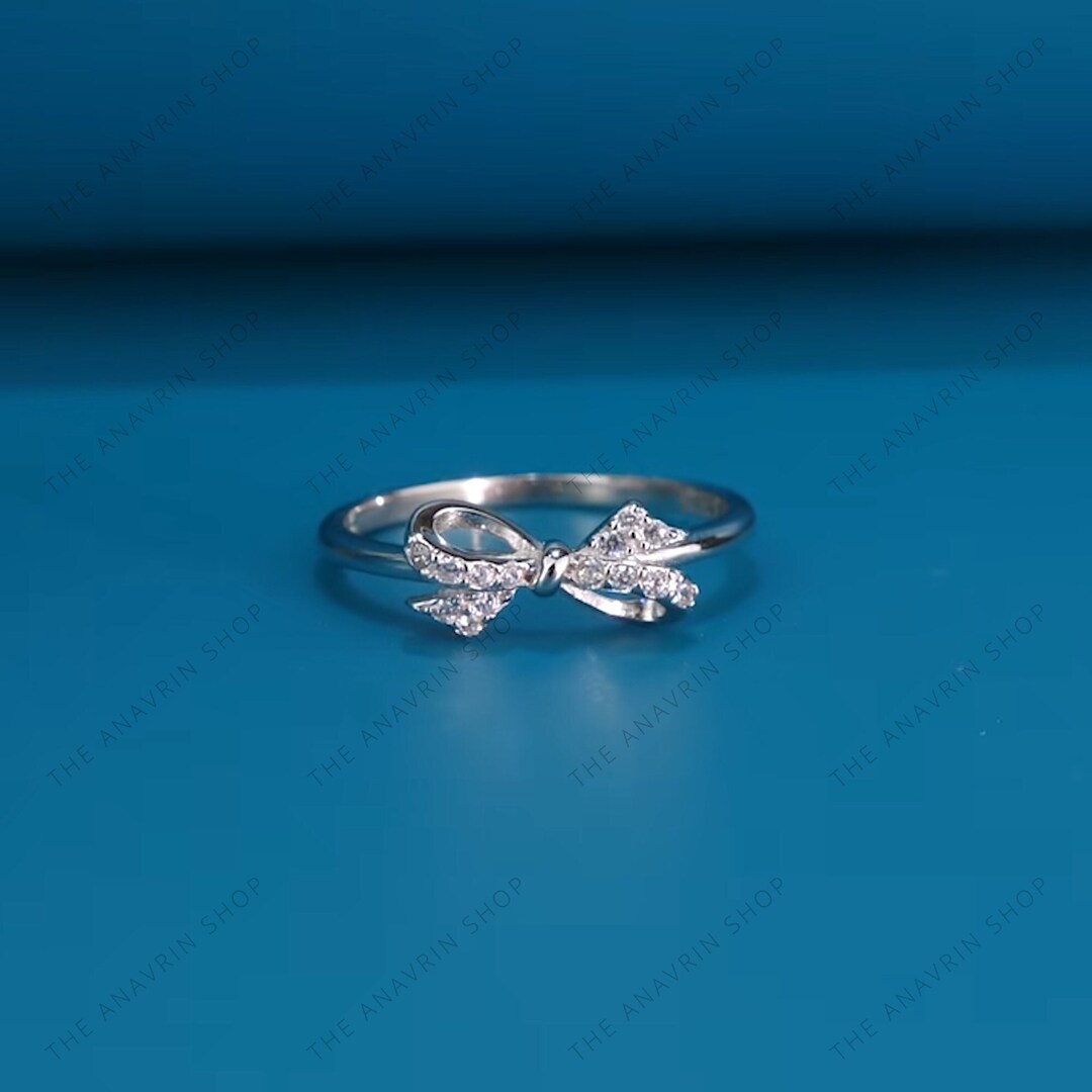 Bow and Tie Silver Promise Ring, Moissanite Stackable Ring, Gift Bow ...