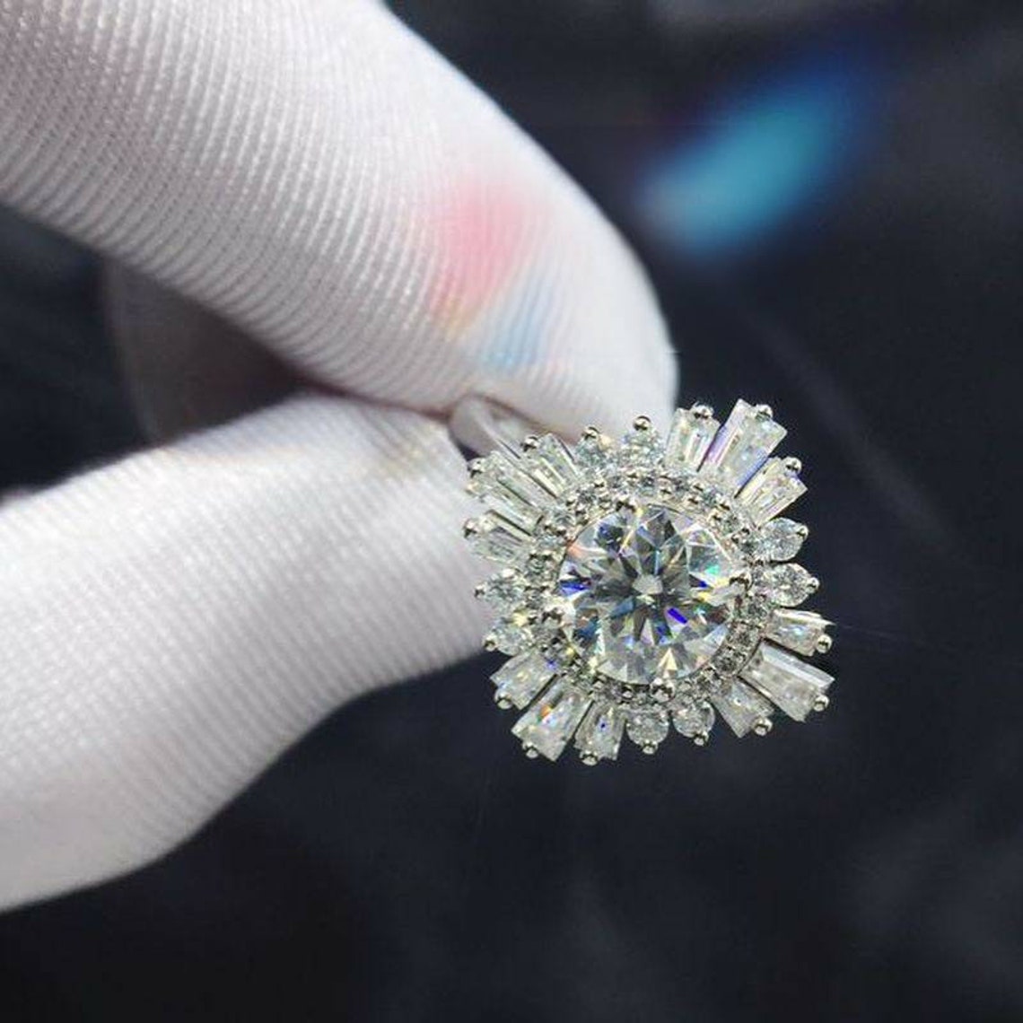 Gatsby Vintage Ring, Starburst Halo Ring, Double Halo Engagement Ring ...
