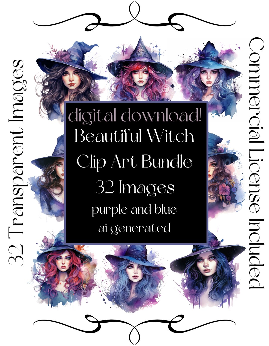 Watercolor Witch Clipart Set: Beautiful Purple & Blue Witches - Etsy