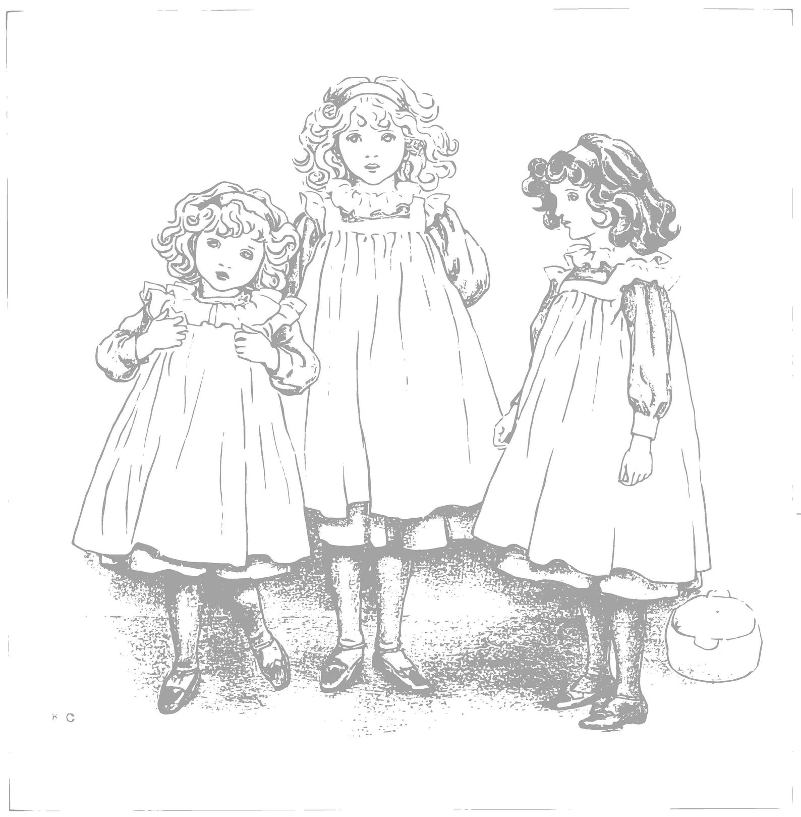 Three Little Girls for Coloring Vintage Digital Download Hand Drawn ...