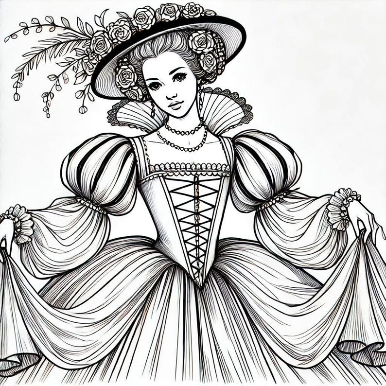 Elizabethan Fashion Coloring Pages for Fun and Relaxation. - Etsy
