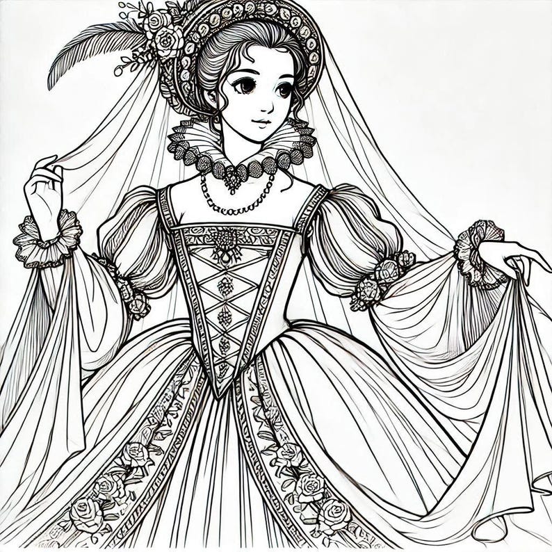 Elizabethan Fashion Coloring Pages for Fun and Relaxation. - Etsy