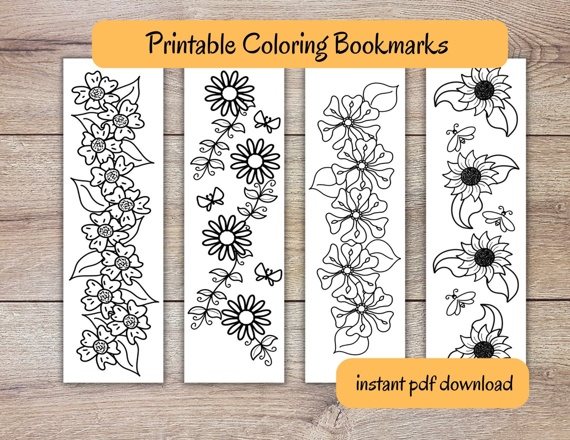 Printable DIY Coloring Bookmarks | Flower Designs | Set of 4 Coloring ...