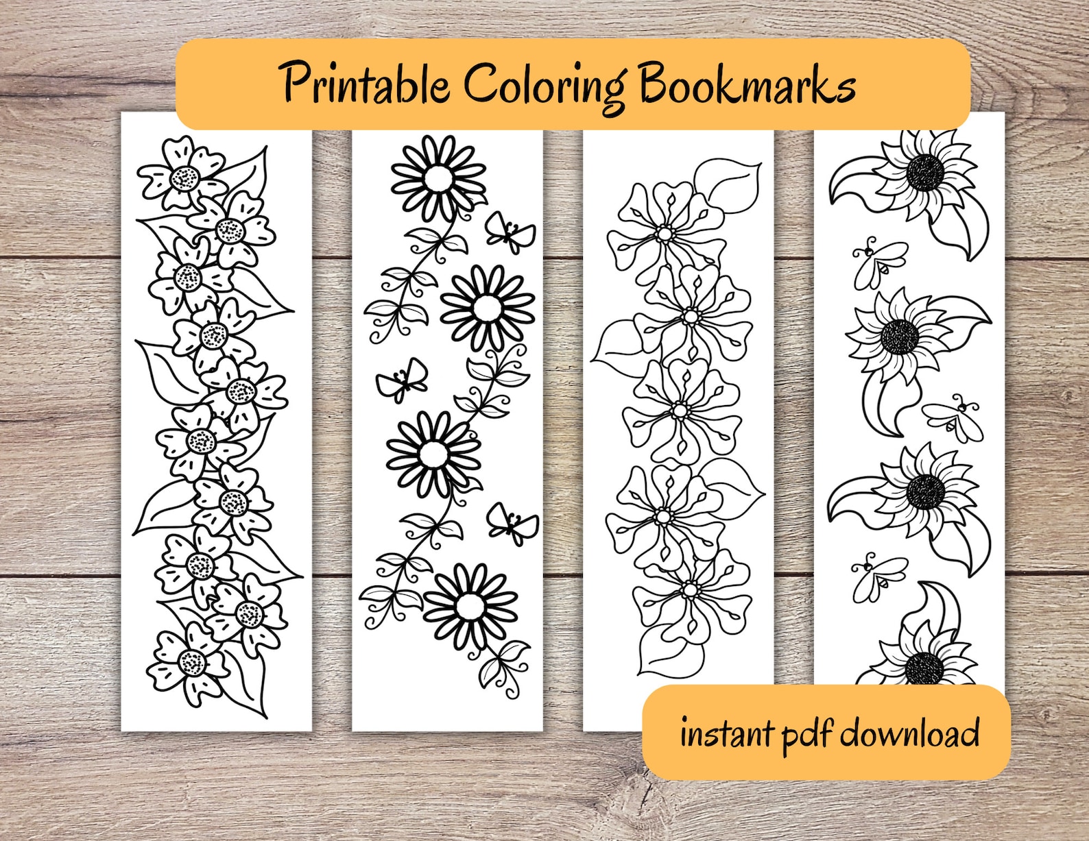 Printable DIY Coloring Bookmarks | Flower Designs | Set of 4 Coloring ...
