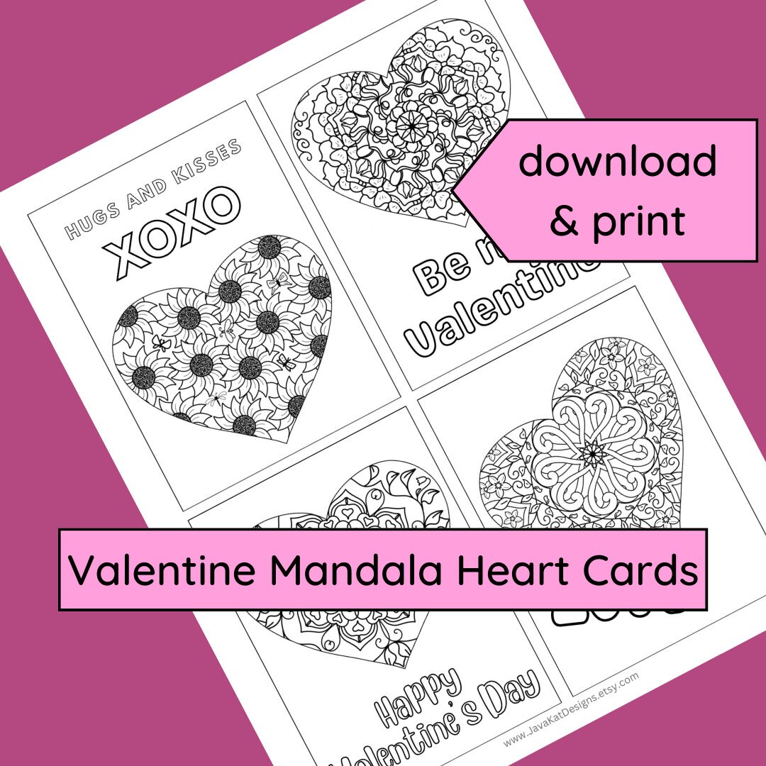 Valentine Heart Coloring Cards | Adult Coloring | Printable Valentines ...