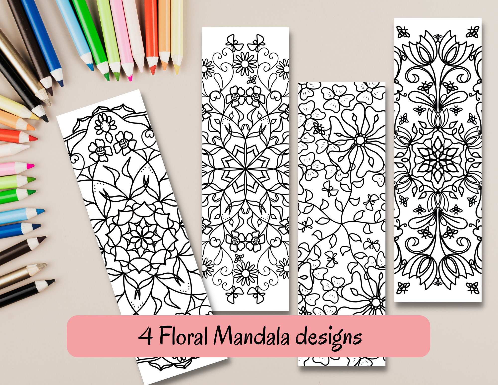 Printable DIY Coloring Bookmarks | Floral Mandala Design | Set of 4 ...