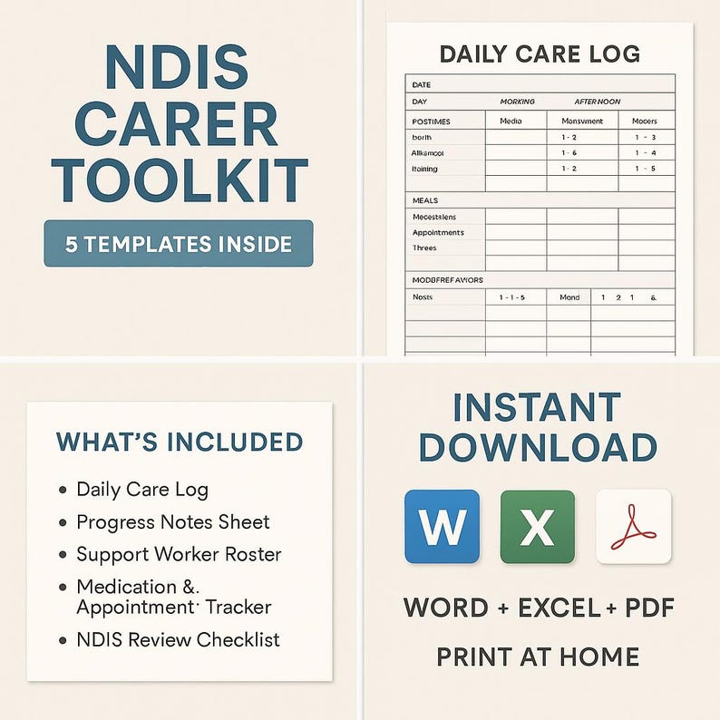 NDIS Carer Toolkit | 5 Printable Templates (daily Log, Meds Tracker ...