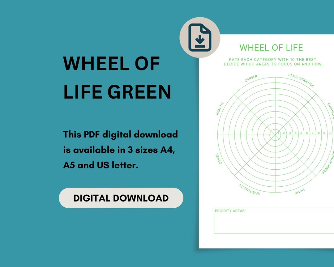 Green Wheel of Life Template PDF to Assess Your Life. A4, A5 and US ...