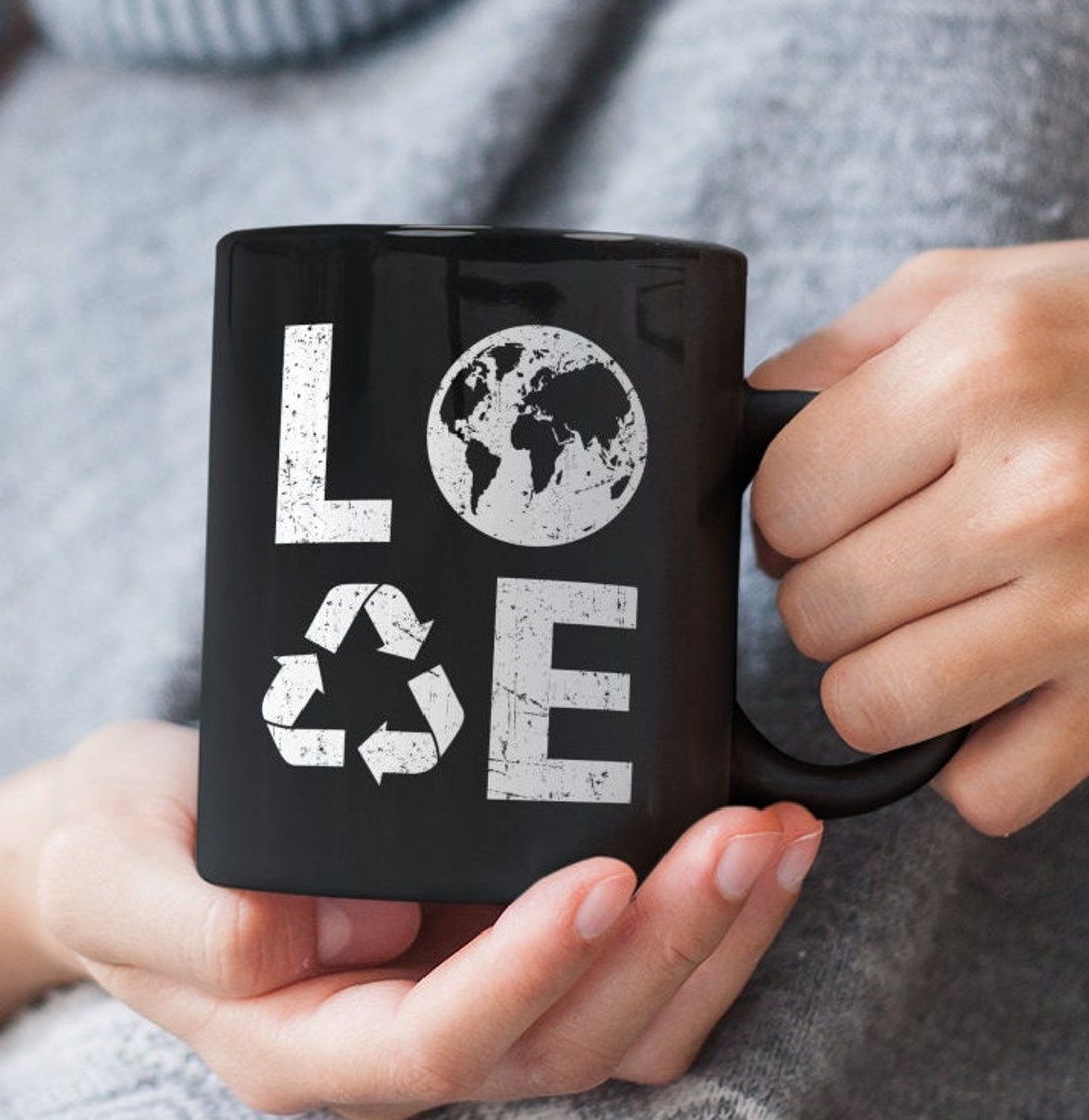 Love Our Planet Black Coffee Mug Earth Day Love Mug Recycle Symbol Save ...