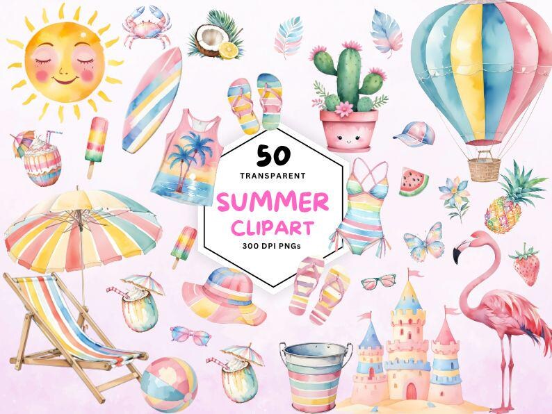 50 Watercolour Summer Clipart PNG, Cute Pool Party Clipart Bundle ...