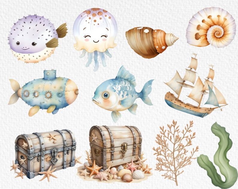 Undersea Watercolor Clipart Bundle , Cute Ocean Animals PNG, Baby ...