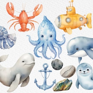 Undersea Watercolor Clipart Bundle , Cute Ocean Animals PNG, Baby ...