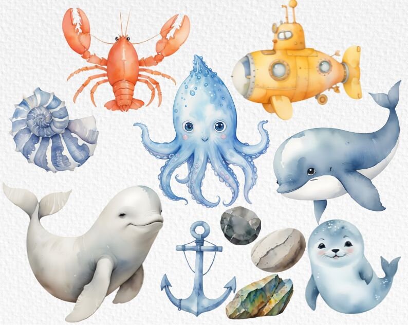 Undersea Watercolor Clipart Bundle , Cute Ocean Animals PNG, Baby ...