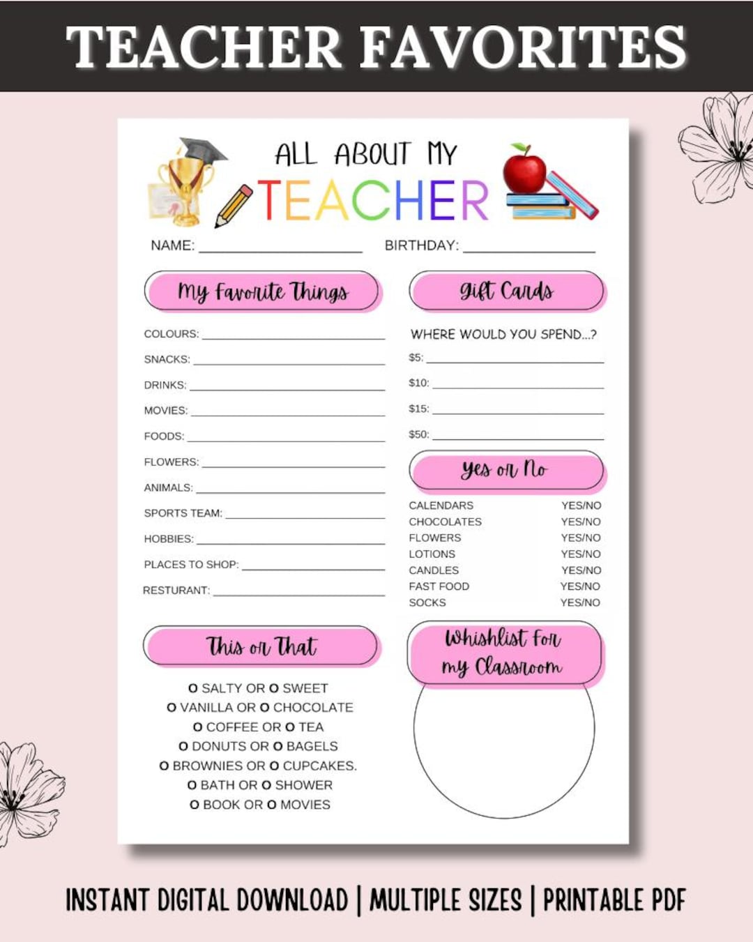 Printable Teacher Favorites Questionnaire: Back to School (PDF) - Etsy