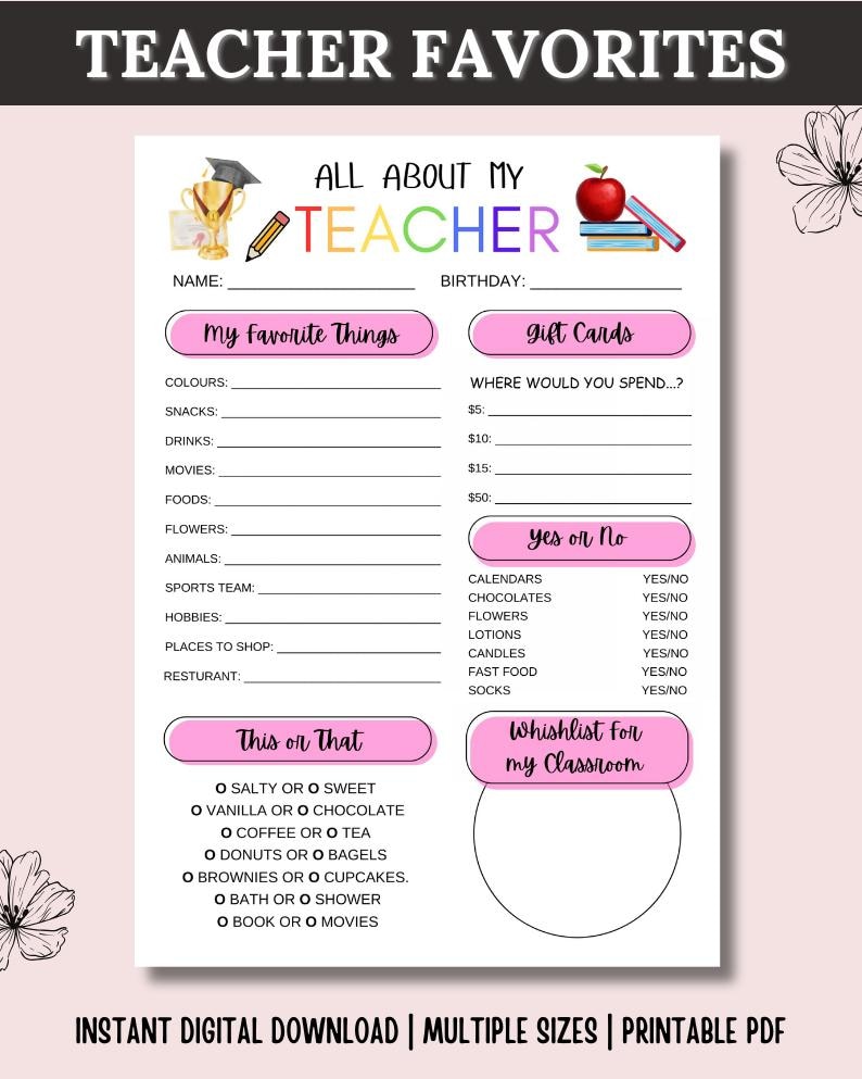 Printable Teacher Favorites Questionnaire: Back to School (PDF) - Etsy
