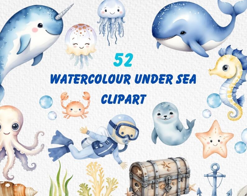 Undersea Watercolor Clipart Bundle , Cute Ocean Animals PNG, Baby ...