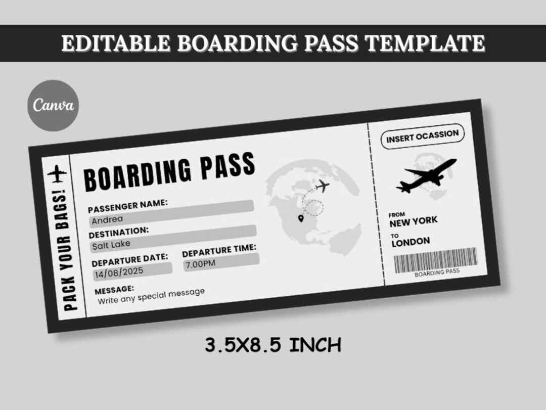 Editable Boarding Pass Template, Printable Plane Ticket, Personalized ...