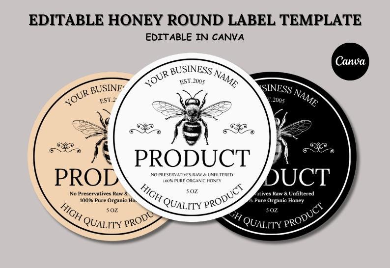 Honey Jar Labels: Editable Round Template for Canva (digital Download ...