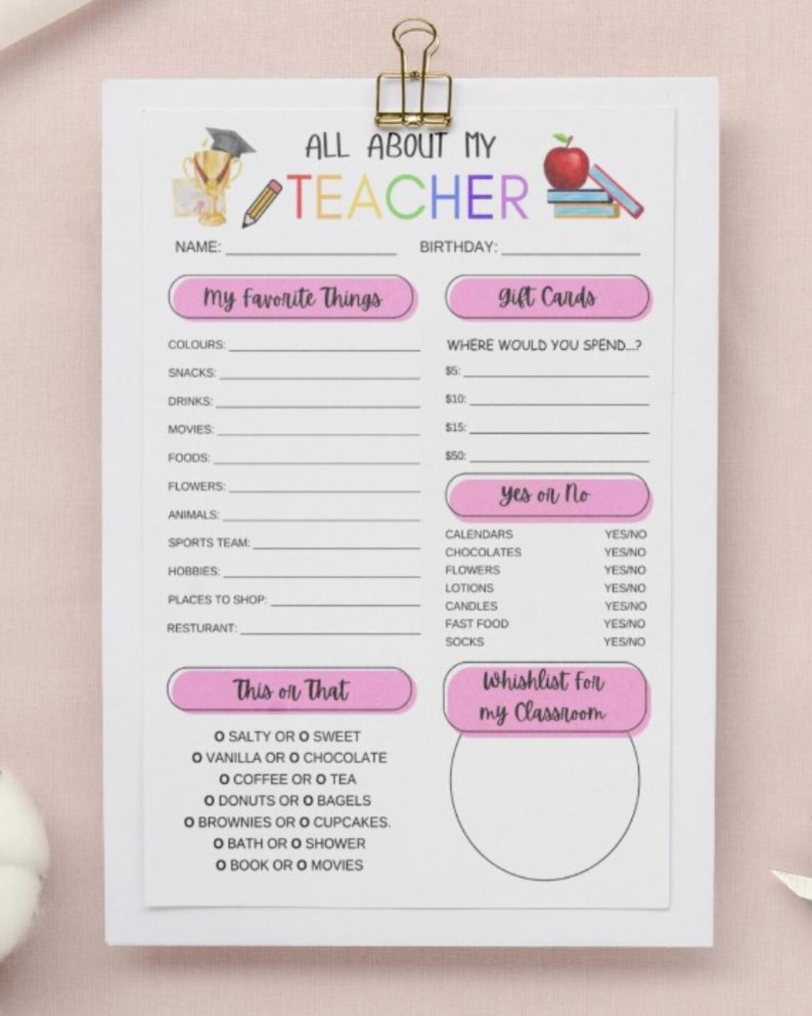 Printable Teacher Favorites Questionnaire: Back to School (PDF) - Etsy