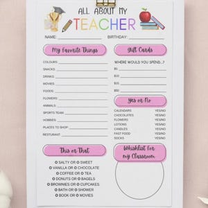 Printable Teacher Favorites Questionnaire: Back to School (PDF) - Etsy