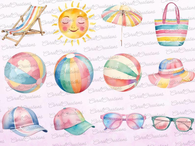 50 Watercolour Summer Clipart PNG, Cute Pool Party Clipart Bundle ...