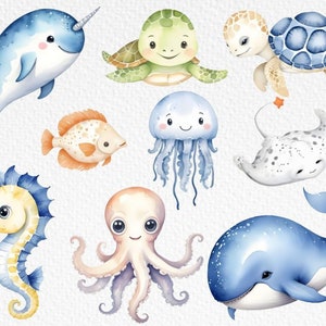 Undersea Watercolor Clipart Bundle , Cute Ocean Animals PNG, Baby ...