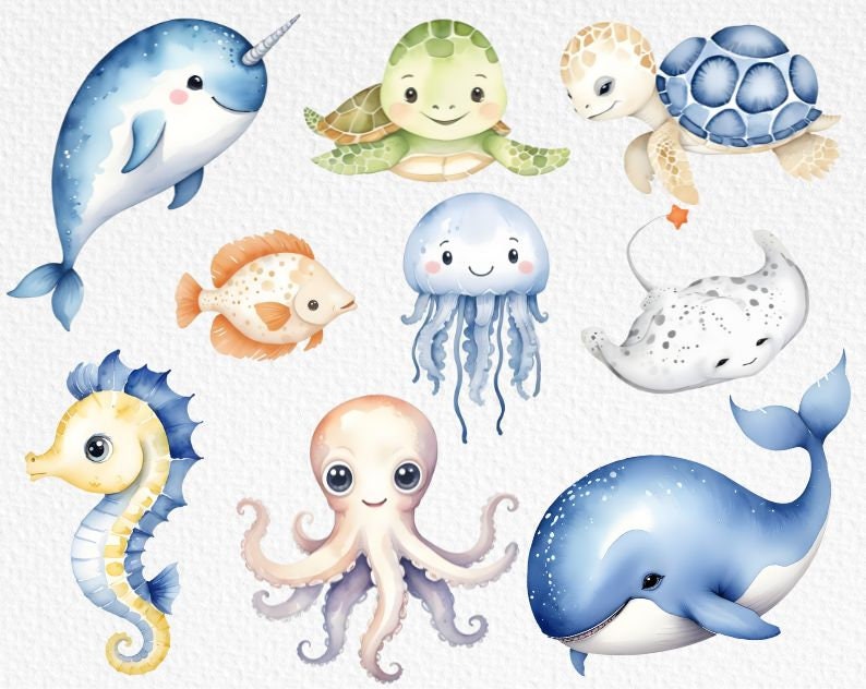 Undersea Watercolor Clipart Bundle , Cute Ocean Animals PNG, Baby ...