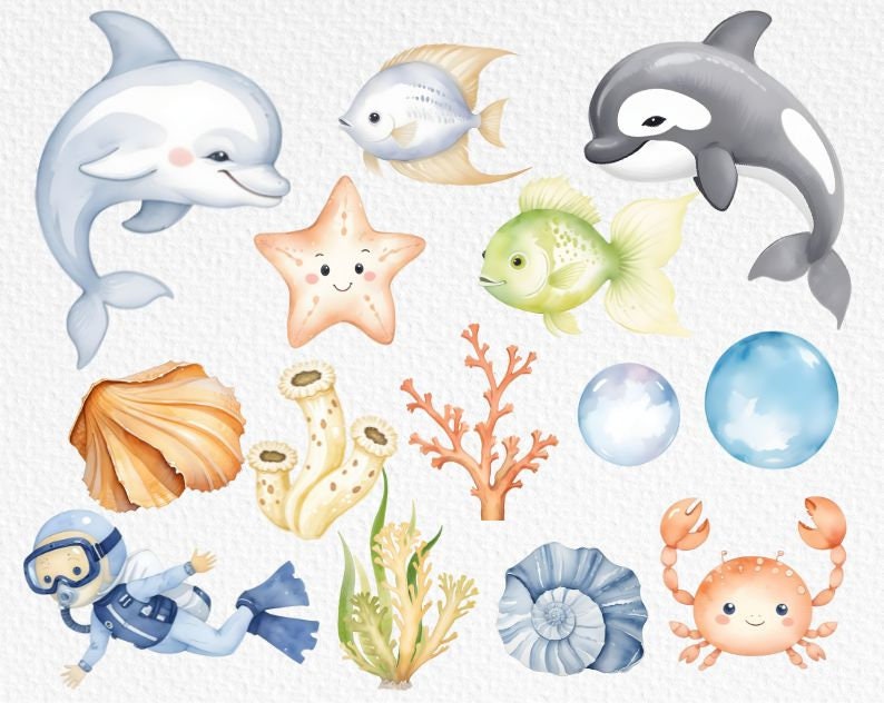 Undersea Watercolor Clipart Bundle , Cute Ocean Animals PNG, Baby ...