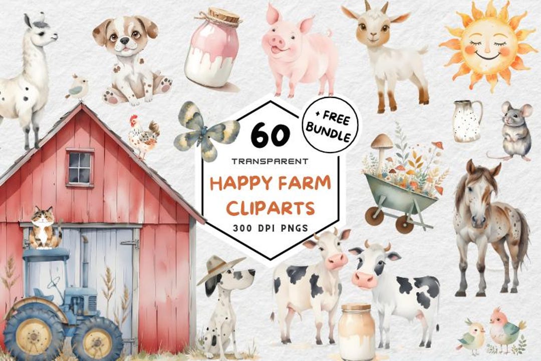 Watercolor Farm Animal Clipart Bundle, Scrapbook Clipart, Nursery ...