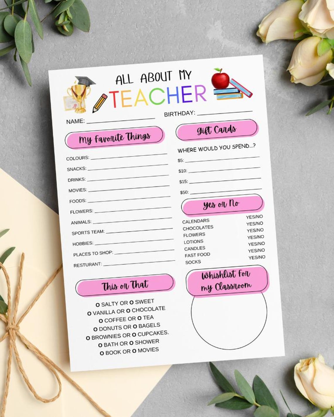Printable Teacher Favorites Questionnaire: Back to School (PDF) - Etsy