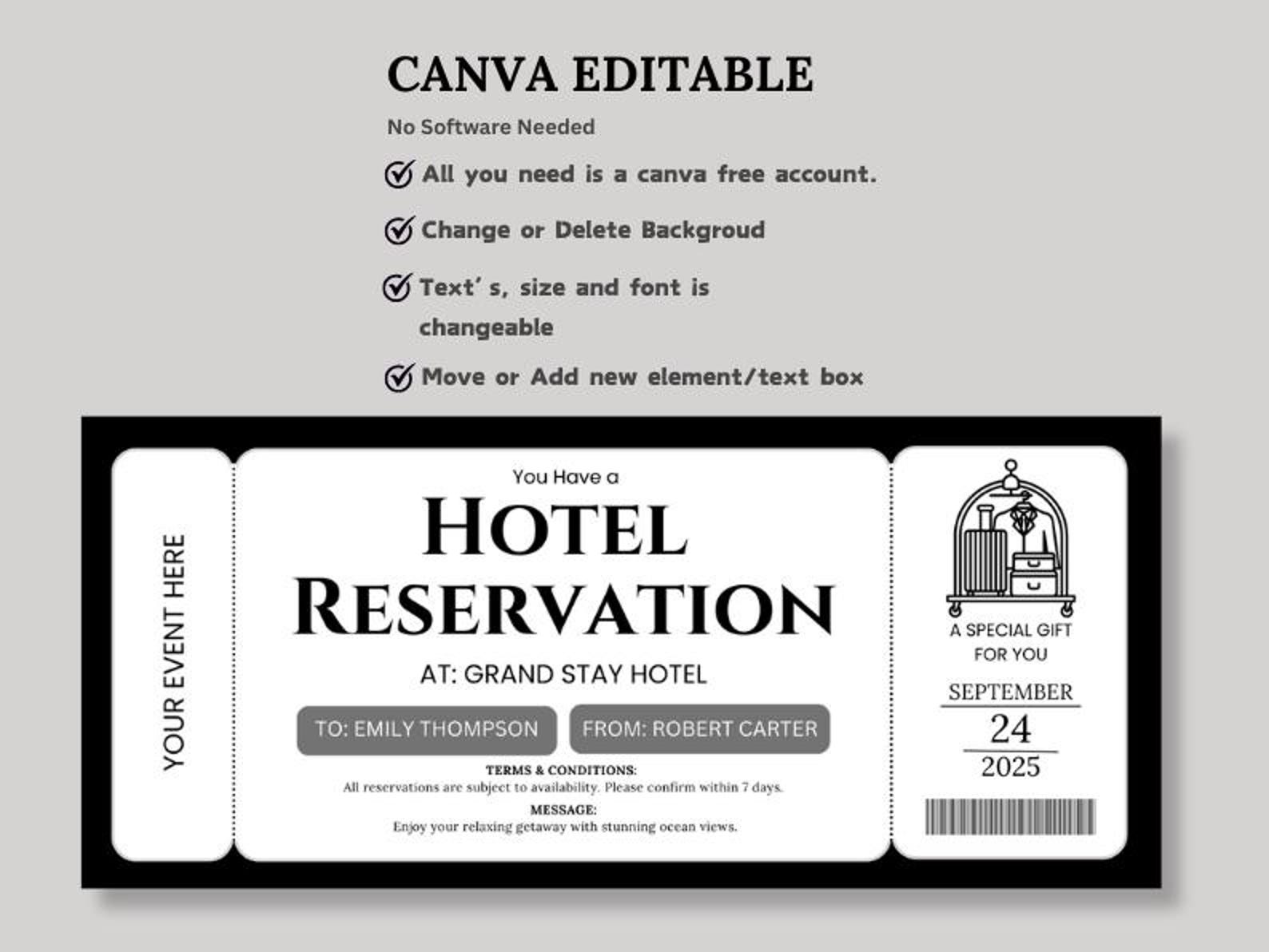 Personalized Hotel Stay Gift Voucher: Editable Staycation Ticket ...