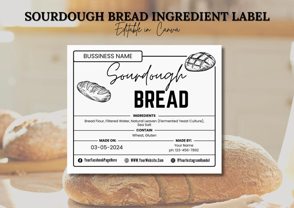 Editable Sourdough Bread Ingredient Label Template: Vintage Bakery ...