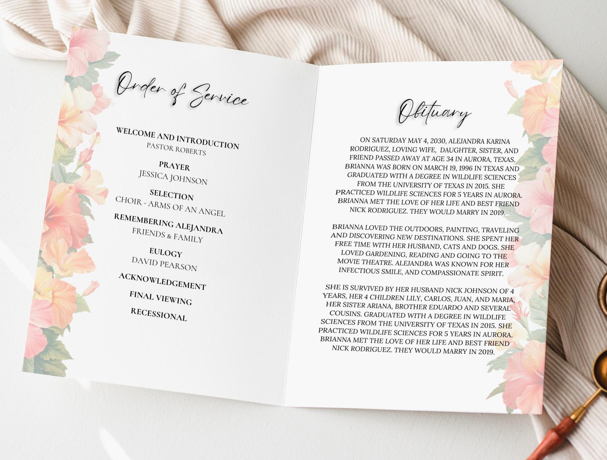 Editable Funeral Program Template, Printable Obituary Order of Service ...
