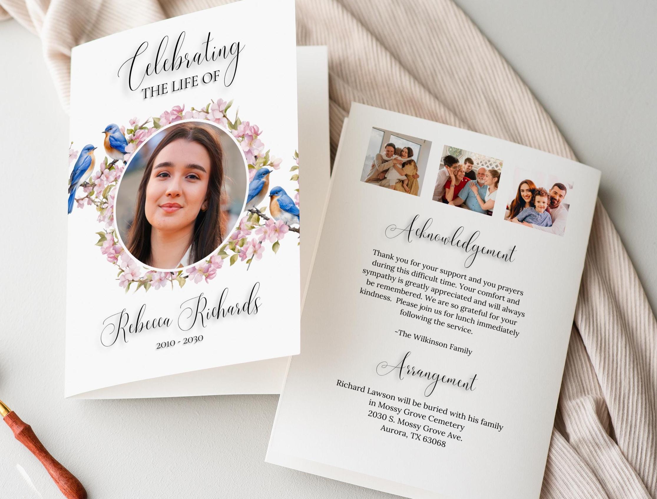 Bluebird Funeral Program Template: Editable Memorial Service Card ...