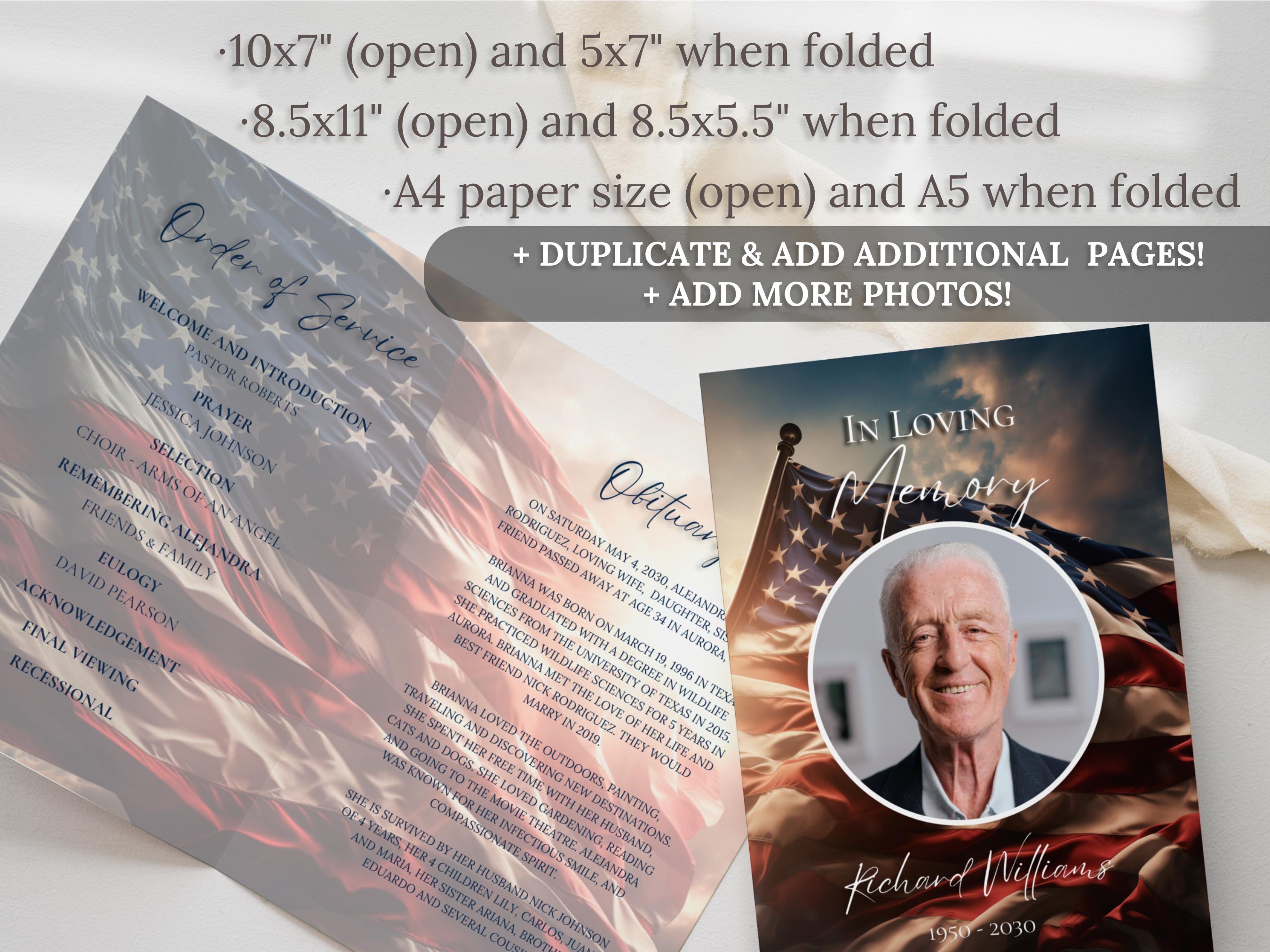 American Flag Funeral Program Template: Military Obituary Celebration ...