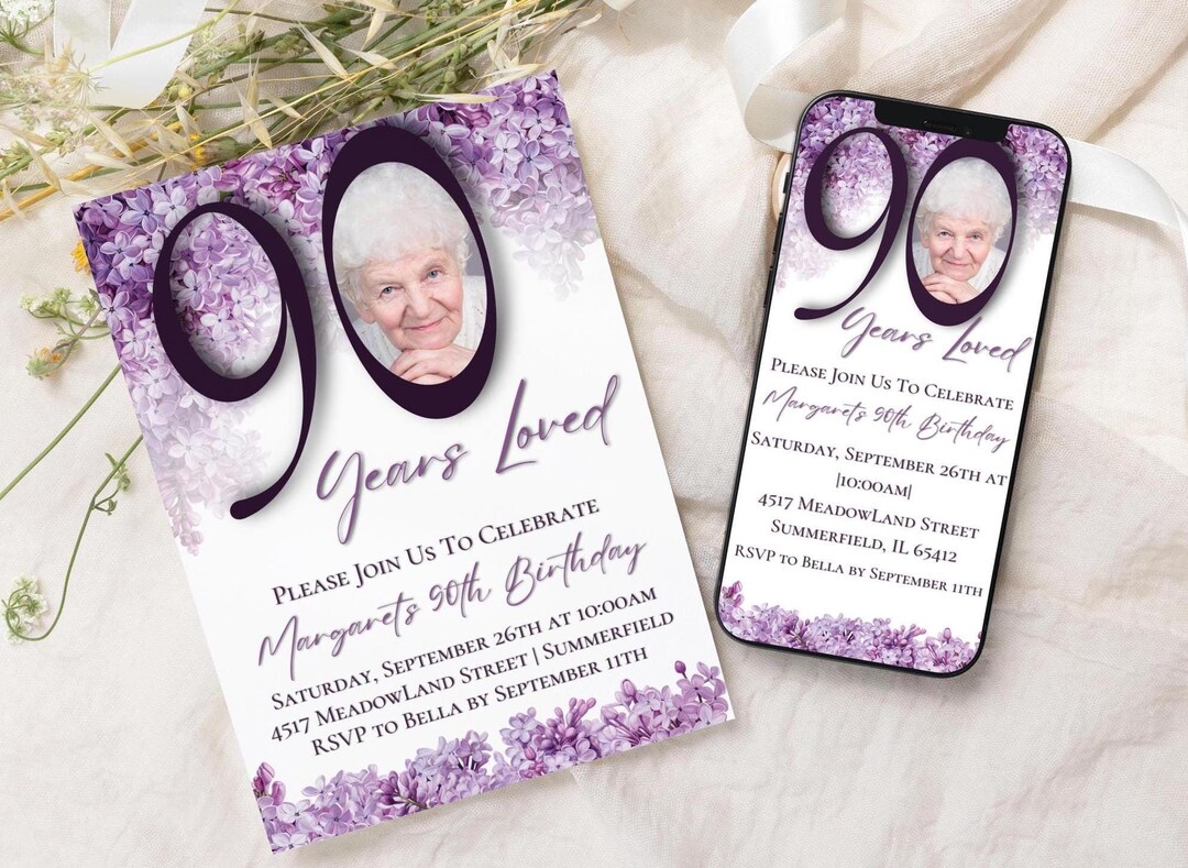 Editable 90th Birthday Invitation Card Template, Printable Purple Lilac ...