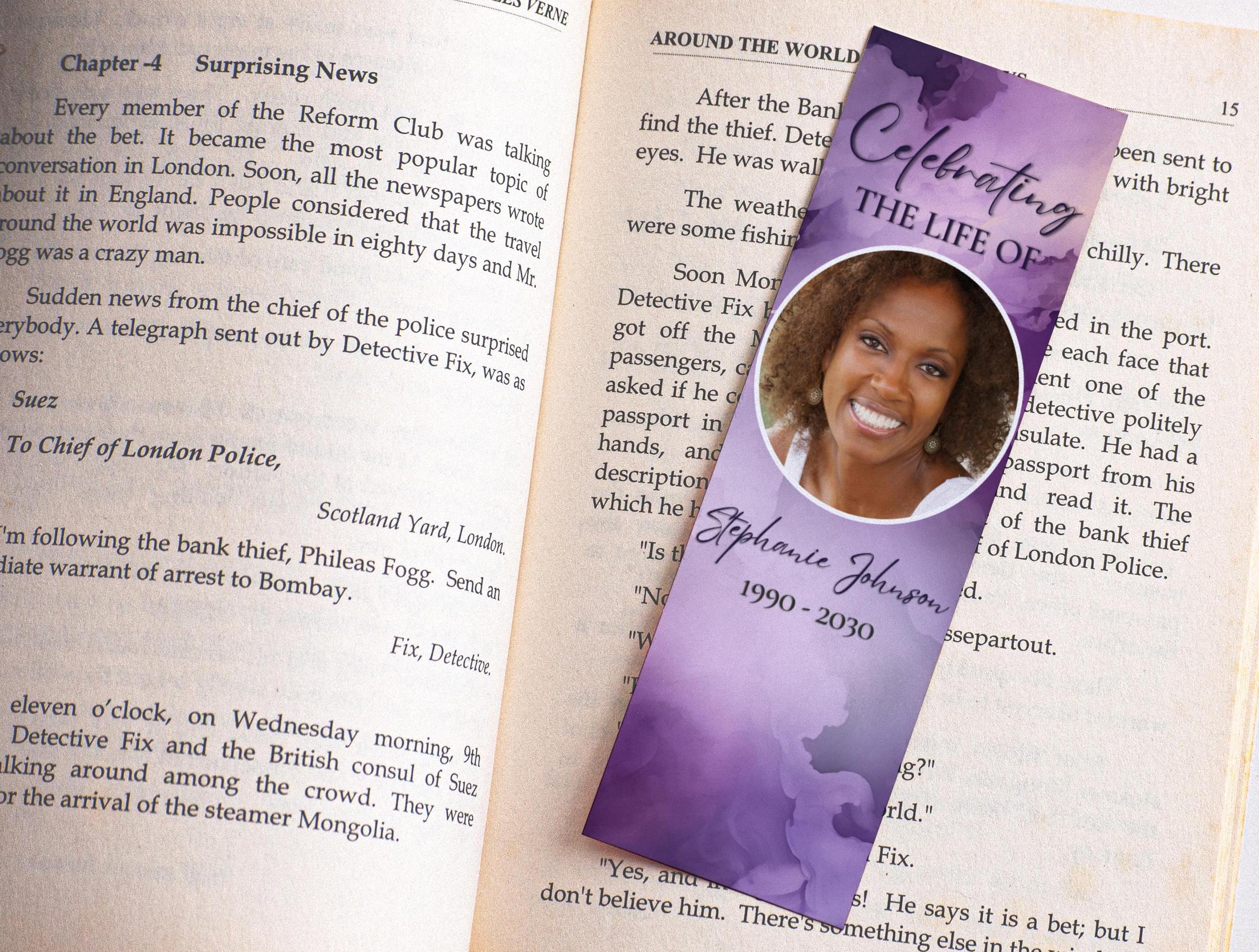 Purple Watercolor Memorial Bookmark Template: Celebration of Life ...