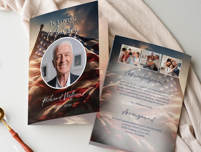 American Flag Funeral Program Template: Military Obituary Celebration ...