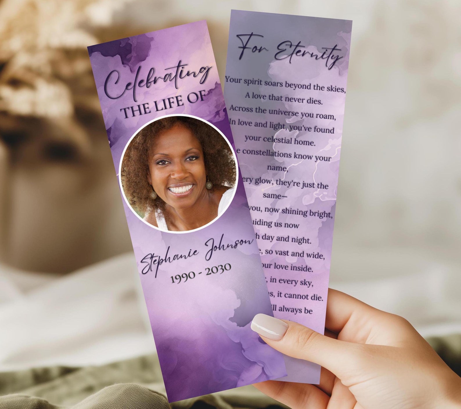 Purple Watercolor Memorial Bookmark Template: Celebration of Life ...