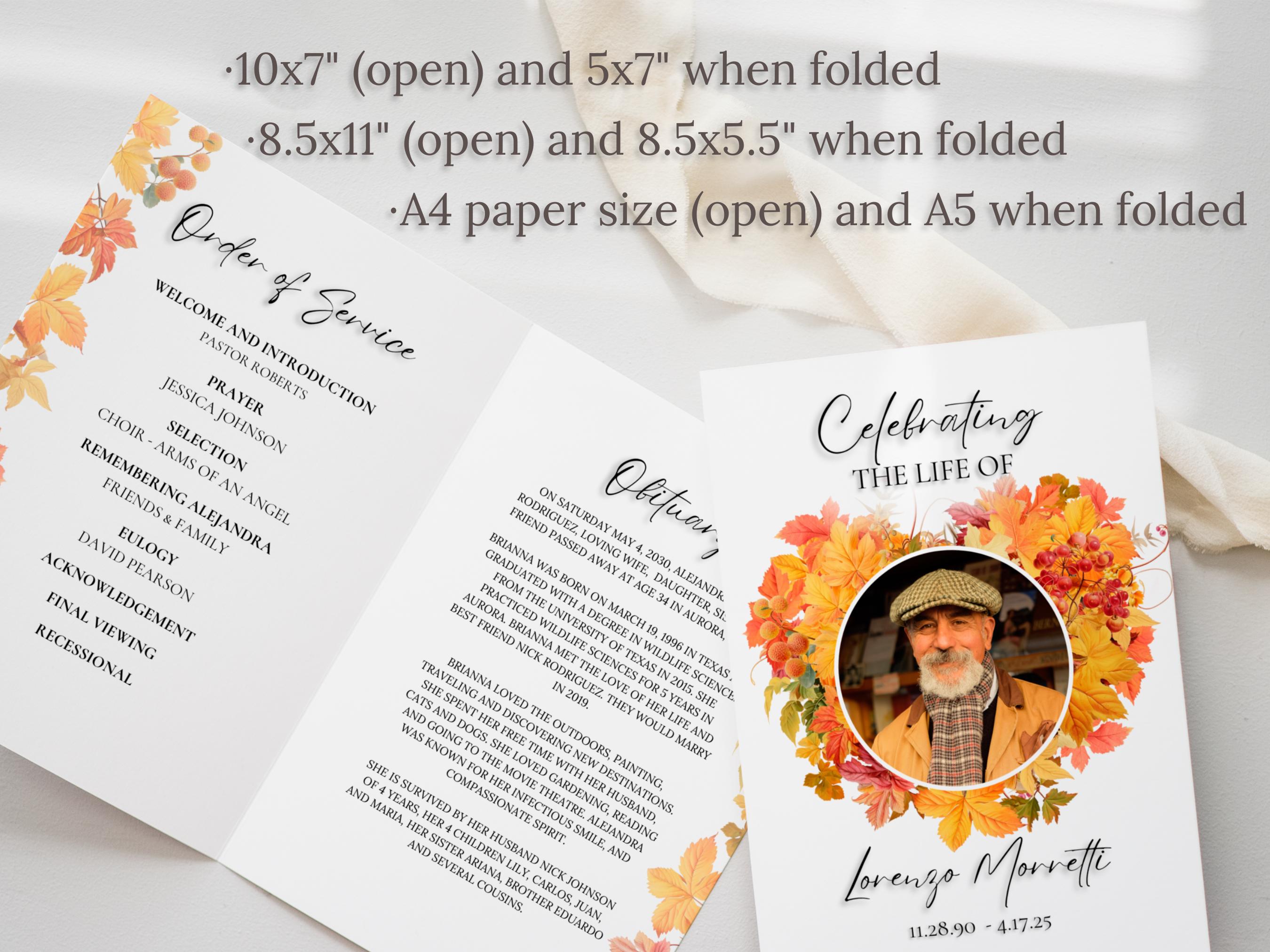 Autumn Leaves Funeral Program Template: Editable Memorial Card (digital ...