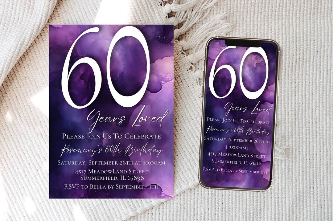 Purple 60th Birthday Invitation Template: Adult Mobile Invite (digital ...