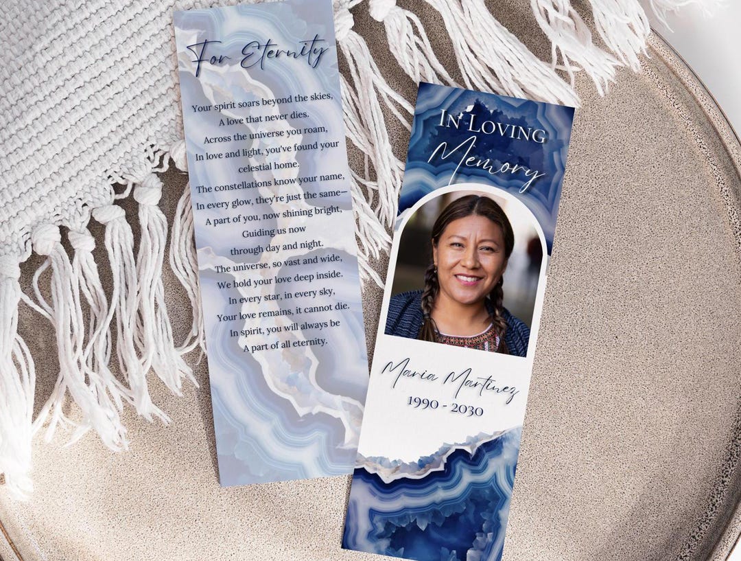 Memorial Bookmark Template: Navy Blue Agate Funeral Favors (digital ...