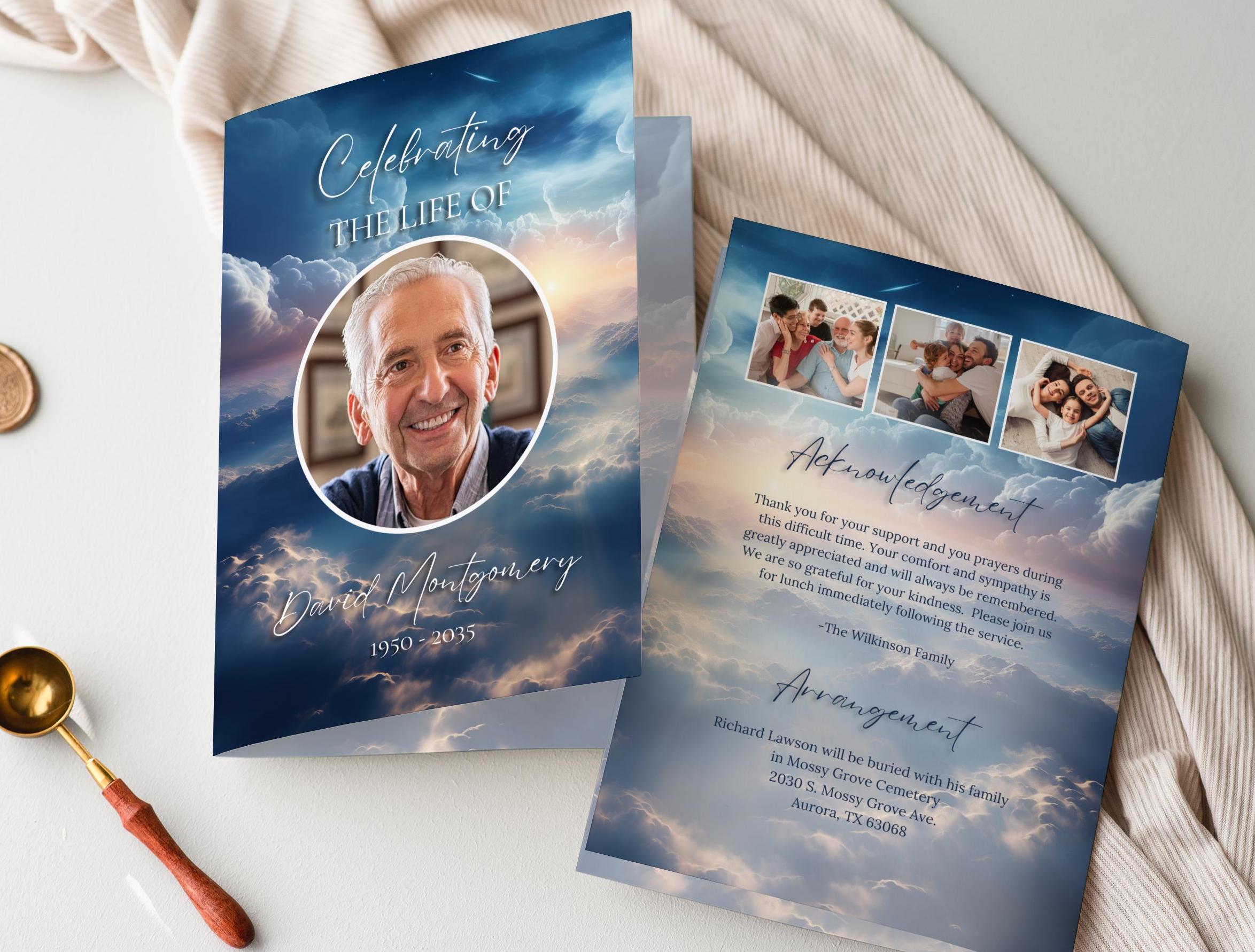 Blue Cloud Funeral Program Template: Editable Memorial Card (digital ...