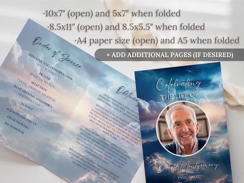 Blue Cloud Funeral Program Template: Editable Memorial Card (digital ...
