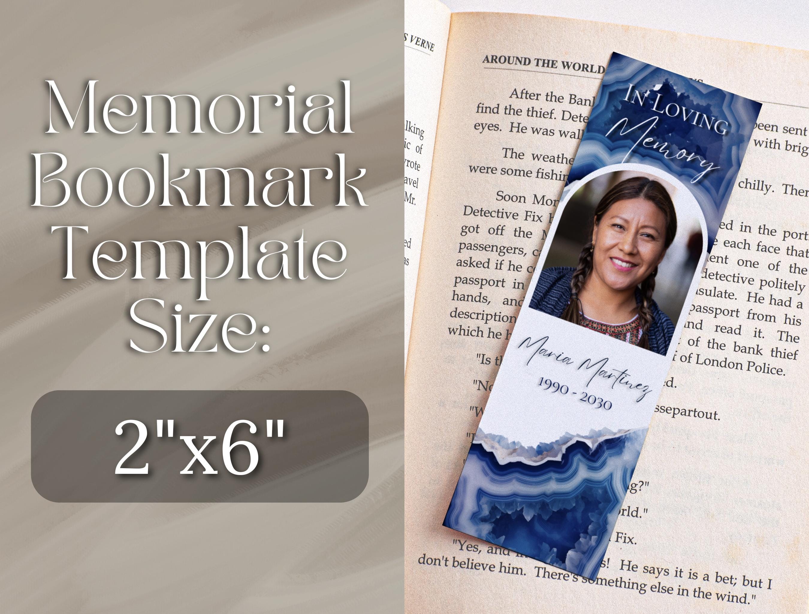 Memorial Bookmark Template: Navy Blue Agate Funeral Favors (digital ...