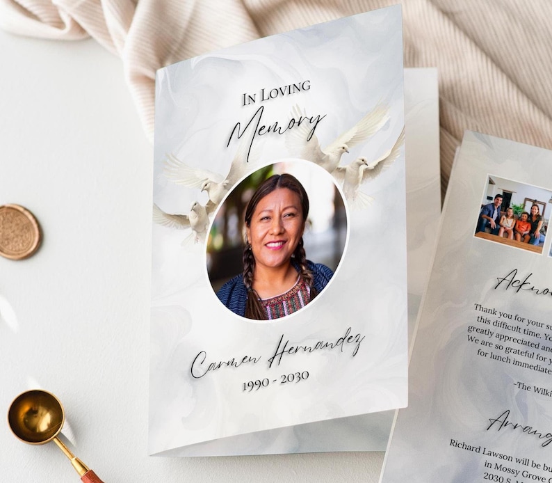 White Dove Funeral Program Template: Editable Memorial Service Card ...