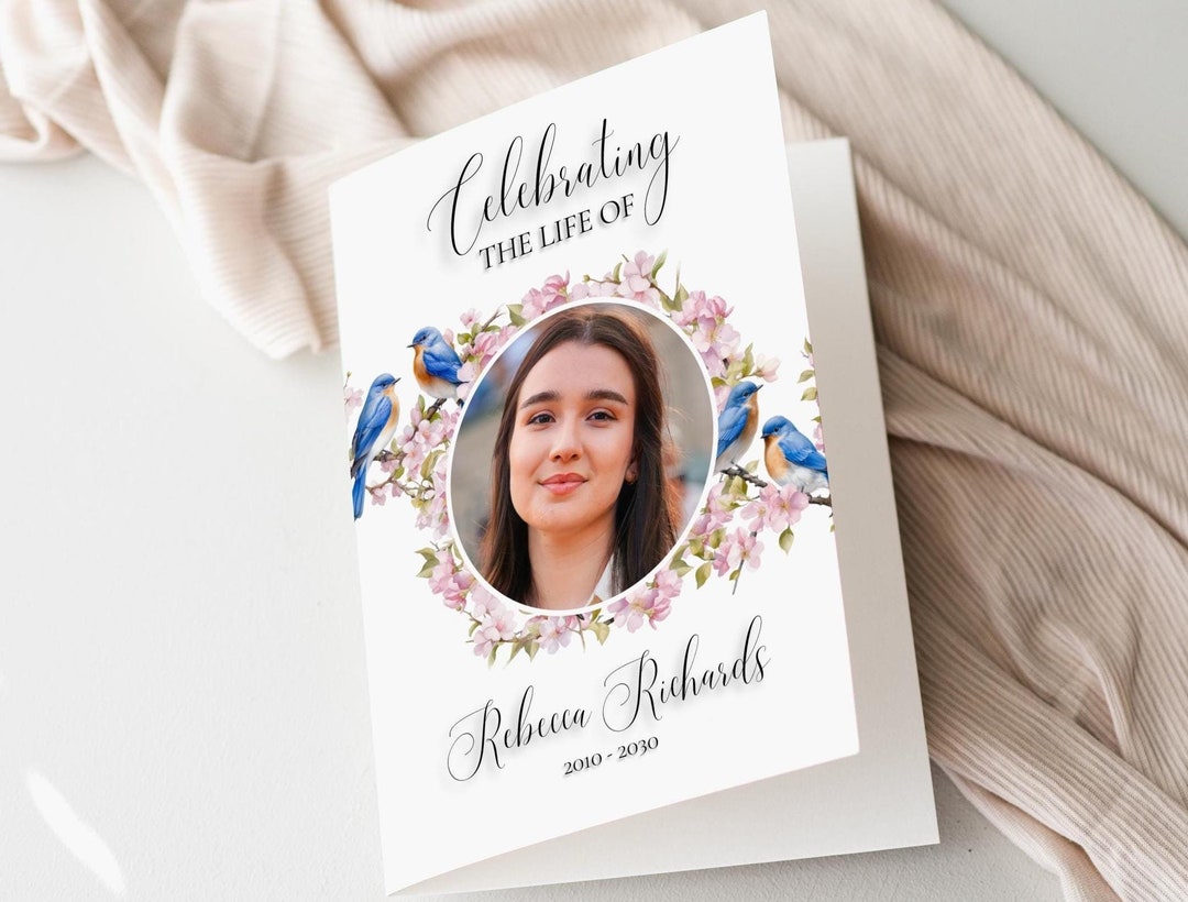 Bluebird Funeral Program Template: Editable Memorial Service Card ...
