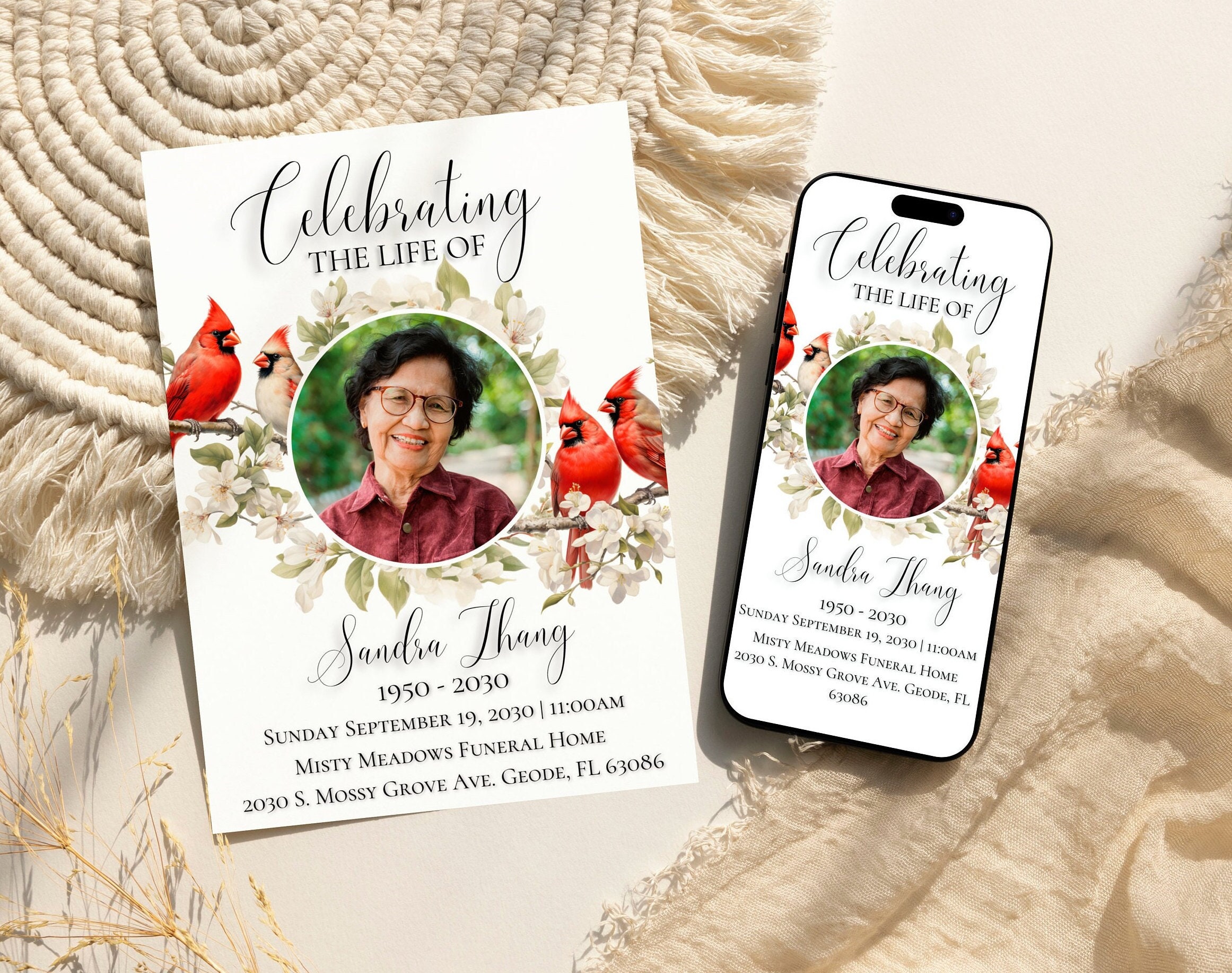 Red Cardinal Funeral Announcement Template: Celebration of Life ...