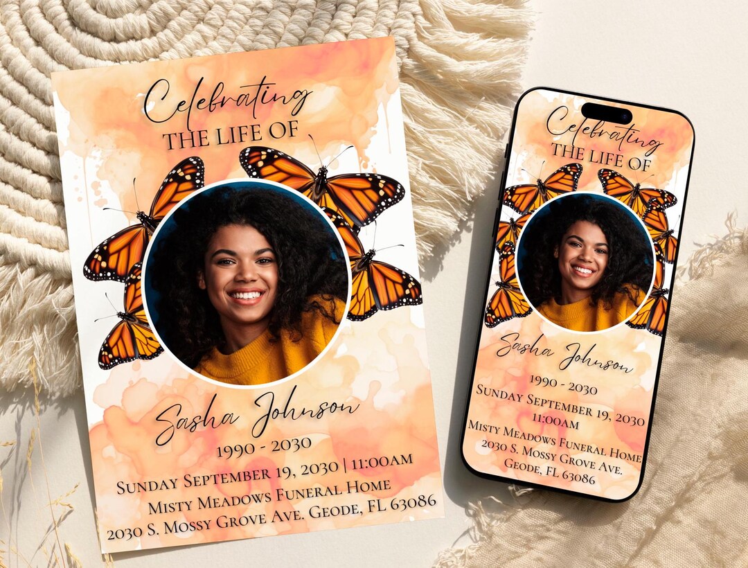 Celebration of Life Invitation Card Template, Editable Orange Butterfly ...
